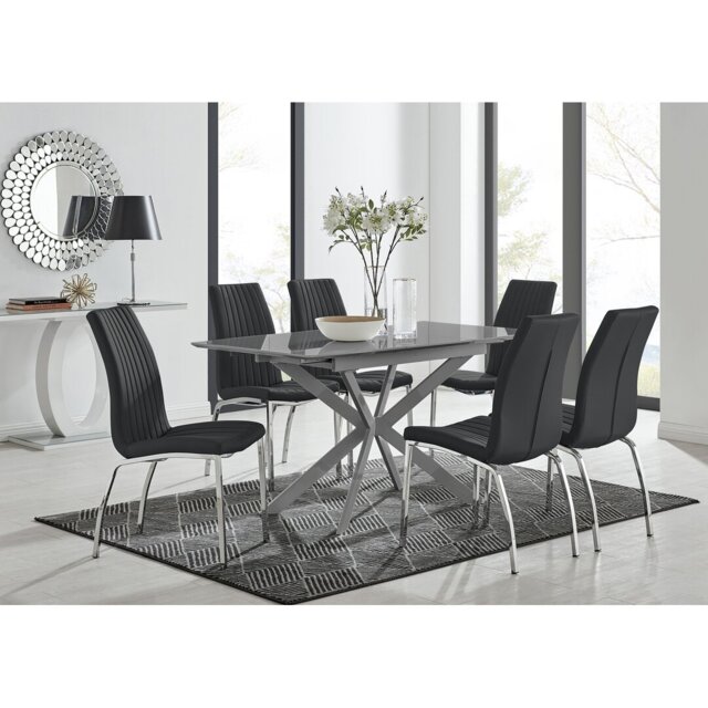 Eubanks Modern High Gloss Extendable Dining Table Set with x6 Luxury ...