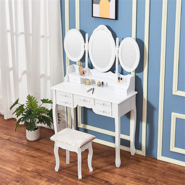 Vanity Makeup Table With 7 Drawers, Dressing Table With Foldable 3 ...