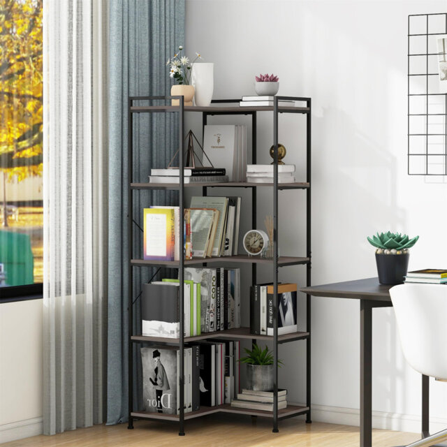 5-Layer Corner Bookcase, Free-Standing Transformable L-Shaped Bookcase ...