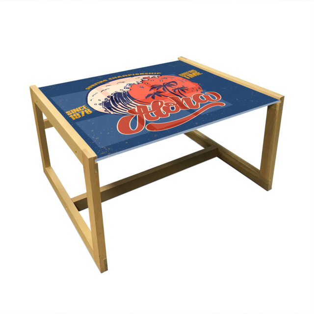 Surfboard Coffee Table, Surfing Related Lettering And Cartoon Retro ...