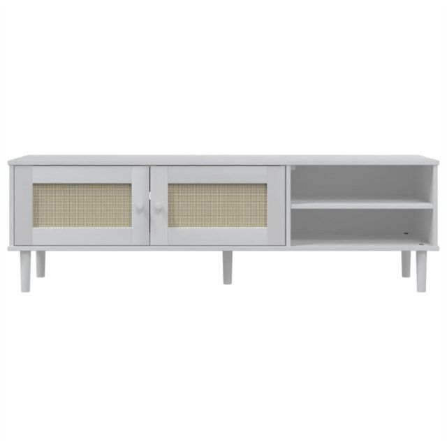 TV Cabinet Rattan Look White Solid Wood Pine, Entertainment Centre ...
