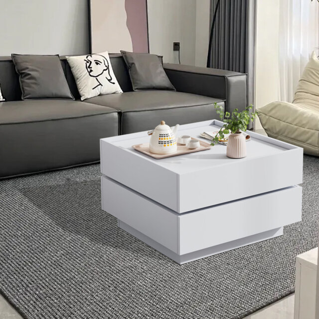 360° Rotating Coffee Table With 2 Drawers & Swivel Top - Wooden 2-tier ...