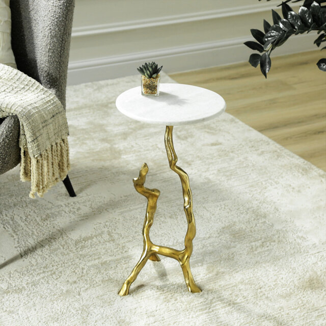 Marble Top Round End Table for Living Room, 55cm Tall Gold Metal Sofa ...