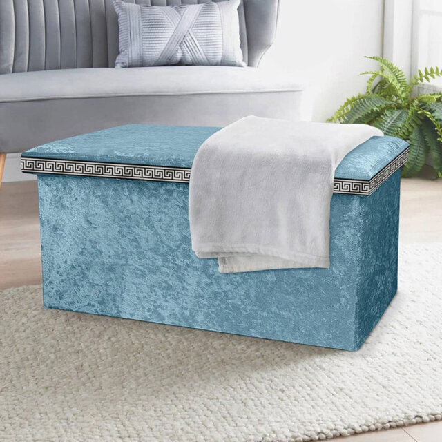 Greek Pattern Velvet Ottoman Storage Box Foldable 2-Seater Bench ...