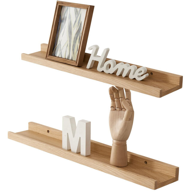 Set of 2 Wall-Mounted 40cm Solid Oak Floating Shelves, Rustic Picture ...
