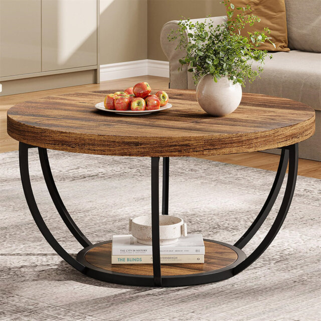 Round Coffee Table, Industrial Style Double Layer Round Coffee Table ...