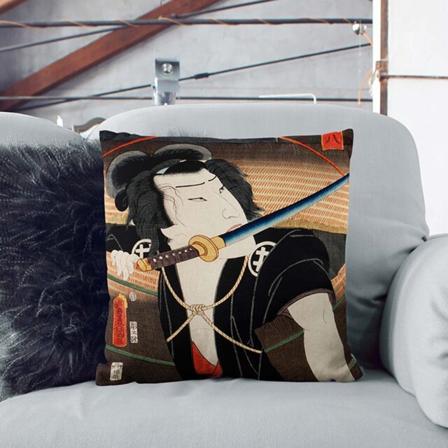 Man with a Samurai Sword by Toyohara Kunichika Cushion with Filling by ...