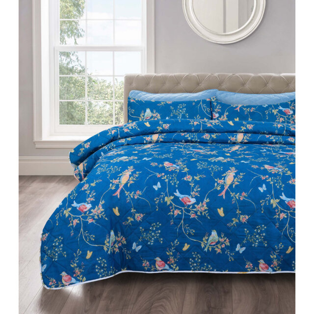 Kernberry Birds Floral Navy Bedspreads Set Quilted Bedspread sets with ...