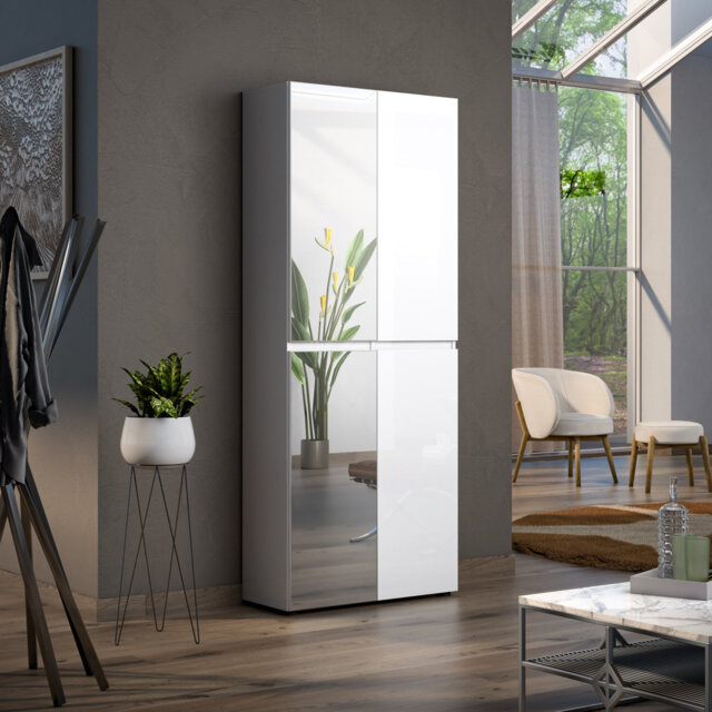 Stella 4 Door 90cm White Gloss Tall Mirrored Slim Shoe Storage Cabinet ...