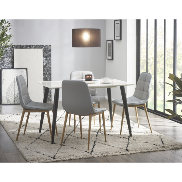 Milano Dining Table Set - Rectangle White Marble Top Black Legs And 4 Grey Faux Leather Chairs 5 ...