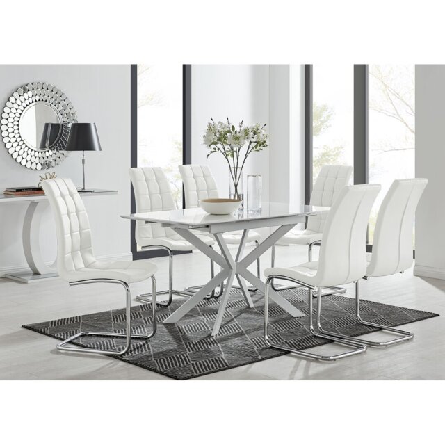 Eubanks Modern High Gloss Extendable Dining Table Set with x6 Luxury ...