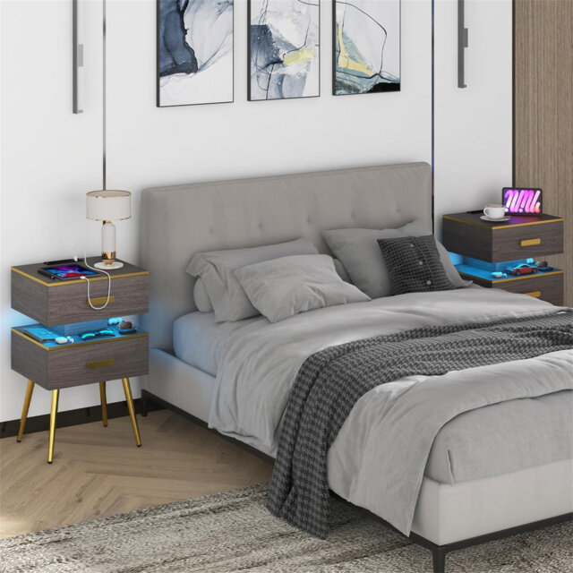2 LED Bedside Tables With Charging Station, 2 Drawers, Storage Shelf ...