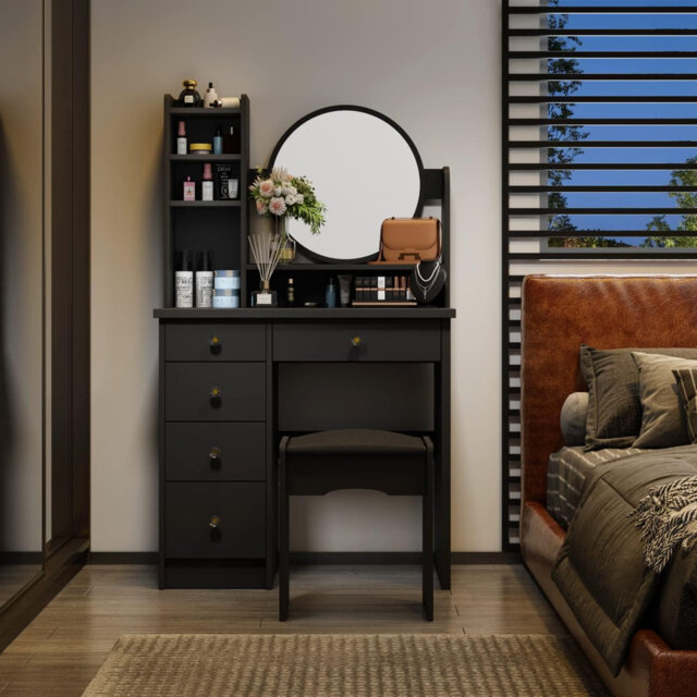 Dressing Table and Stool Set with Round Mirror by Wayfair | ufurnish.com