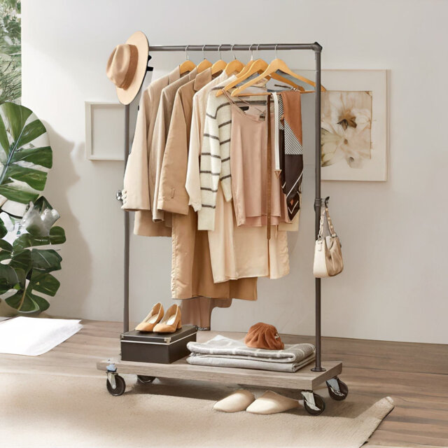 Industrial Garment Rail On Wheels Rustic Brown Bedroom Furniture ...