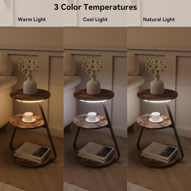 Side Table, Small Round Coffee Table with 3 Color LED Lights, End Table ...