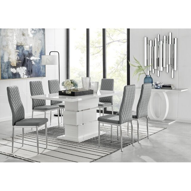 Corova Modern High Gloss Chrome Dining Table Set with 6 Quilted Faux ...