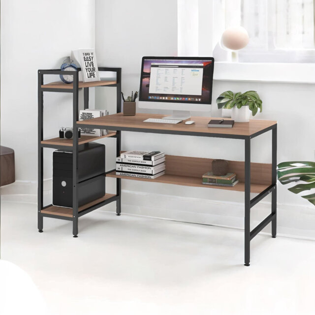 Addysen 136cm Wide Writing Desk With Steel Frame & 4 Shelves Industrial ...
