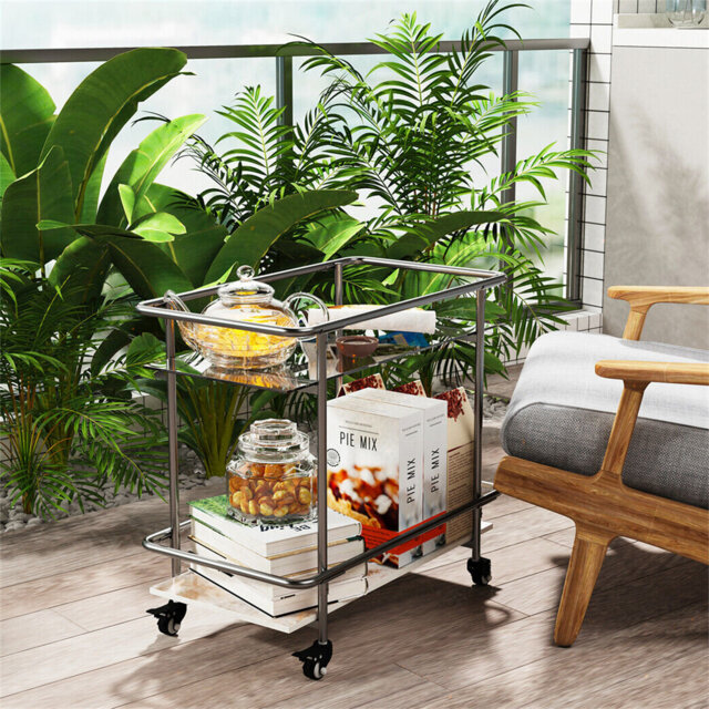 Daon 2 Tier Mobile Drinks Trolley Bar On Wheels With Tempered Glass And ...