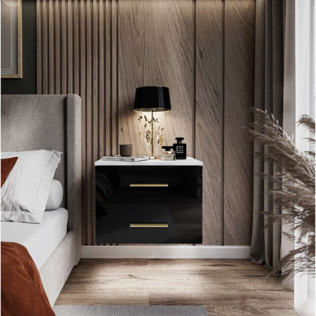 Lina II bedside table with chrome handles, high -gloss LED wall mounted cabinet by Wayfair ...