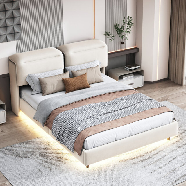 Velvet Ottoman Bed Frame With Folding Headboard, Underbed LED Lighting ...