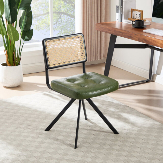 Mid-Century Modern Faux Leather Swivel Office Chair Rattan Back Armless ...