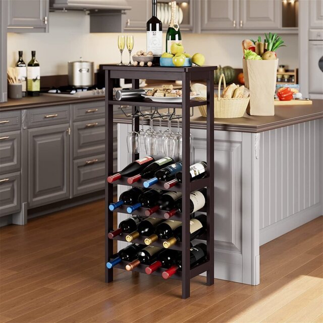 Bamboo Wine Rack, Free Standing Wine Display Shelves With Glass Holder ...