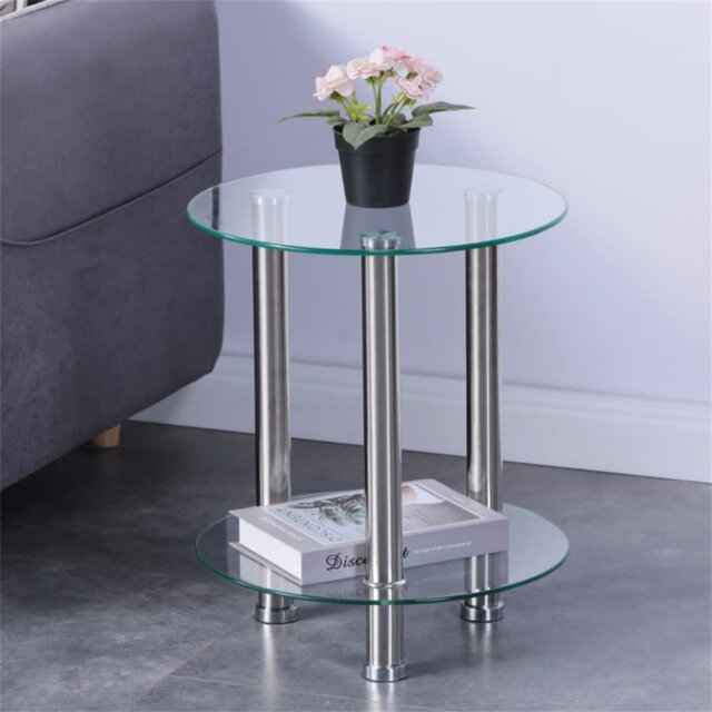 Round Side Table Small Tempered Glass Side Table 2 Tiers With Chrome ...