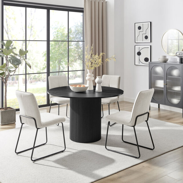 Penny Pillar Round Dining Table Set With 4 Luxury Fabric Dining Chairs ...
