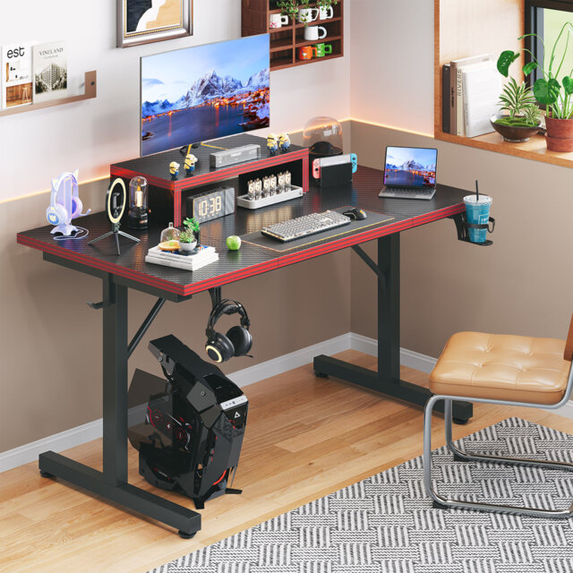 Black Computer Gaming Desk With Monitor Stand 140×60cm Home Office Desk ...