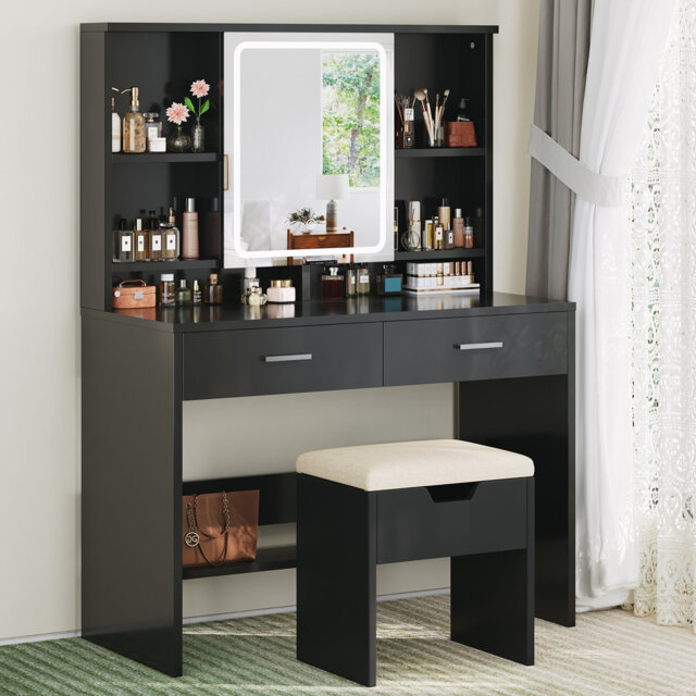 Dressing Table With Stool LED Lights Makeup Desk With Jewelry Cabinet ...