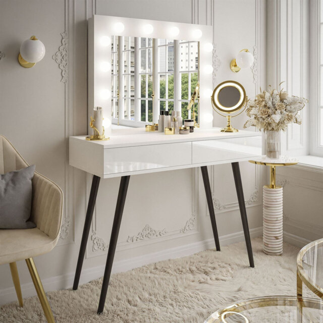 Sienna Gold Dressing Table with Drawers on Golden Legs and Mirror by Wayfair | ufurnish.com