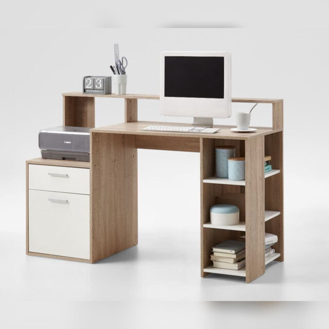 Niva Modern White And Oak Computer Desk With Hutch 138cm Wide Home ...