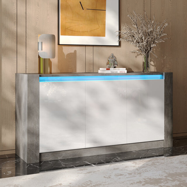 150 Cm Wide 3 Door Sideboard Buffet With Lights, Adjustable Shelves ...