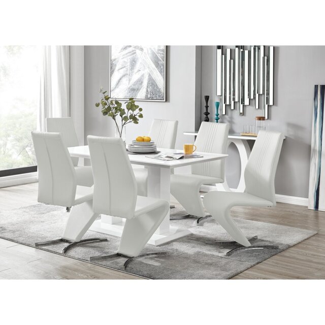 Edzard Double Pedestal High Gloss Dining Table Set with 6 Modern Faux ...