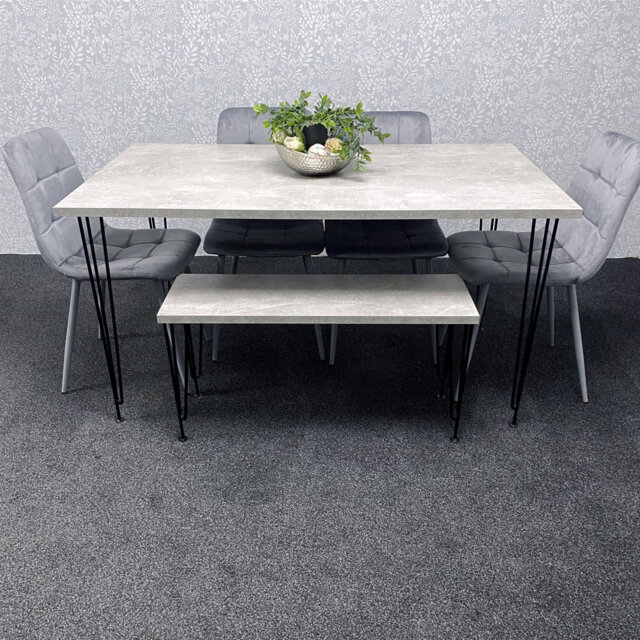 Grey Dining Table with Hairpin Legs, Bench & 4 Grey Velvet Chairs Set ...