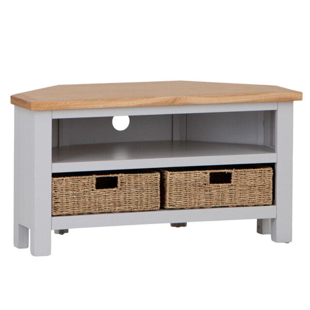 Levasy Assembled Corner TV Unit With 2 Wicker Baskets - Light Grey by ...