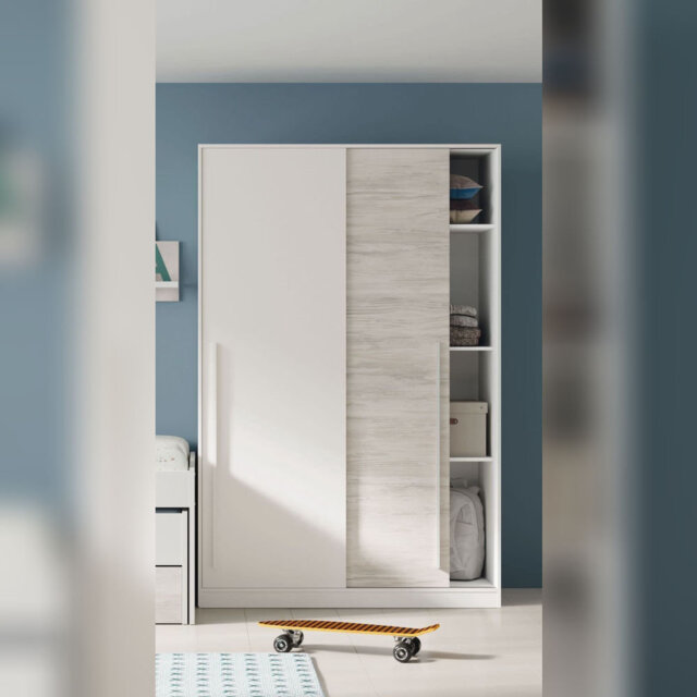 Arctic White And White Oak Effect Narrow Sliding Small 2 Door Wardrobe ...