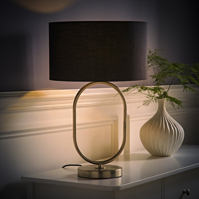 Demetry Charcoal Fabric Drum Lamp Shade Matte Black Oval Table Lamp and ...