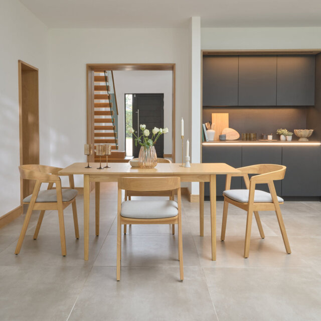 Pale Oak Extending Dining Table Set - 4 Seater - Fawn Linen Chairs ...