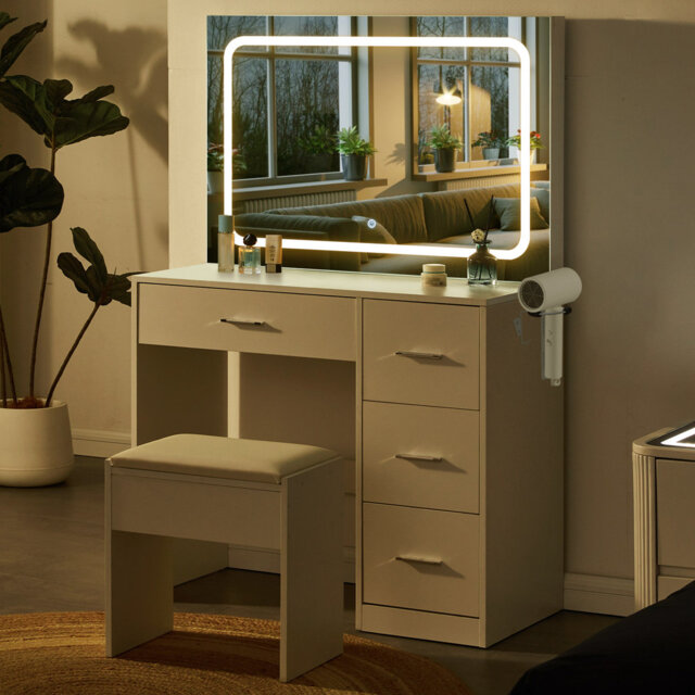 4-Drawer Dressing Table, With Charging Station, Hairdryer Holder, Incl ...