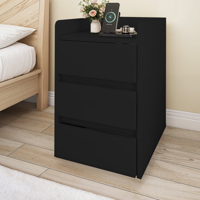 Bedside Table With 3 Drawers And Power Station, Modern Nightstand End ...