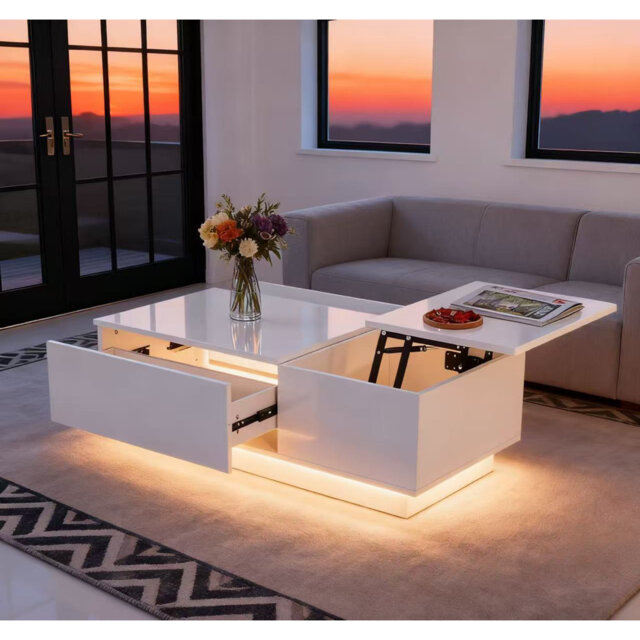 White Coffee Table with Lift Top LED Lights Extendable Floor Shelf ...