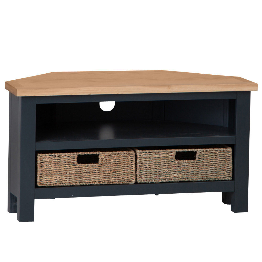 Levasy Assembled Corner TV Unit With 2 Wicker Baskets - Light Grey by ...