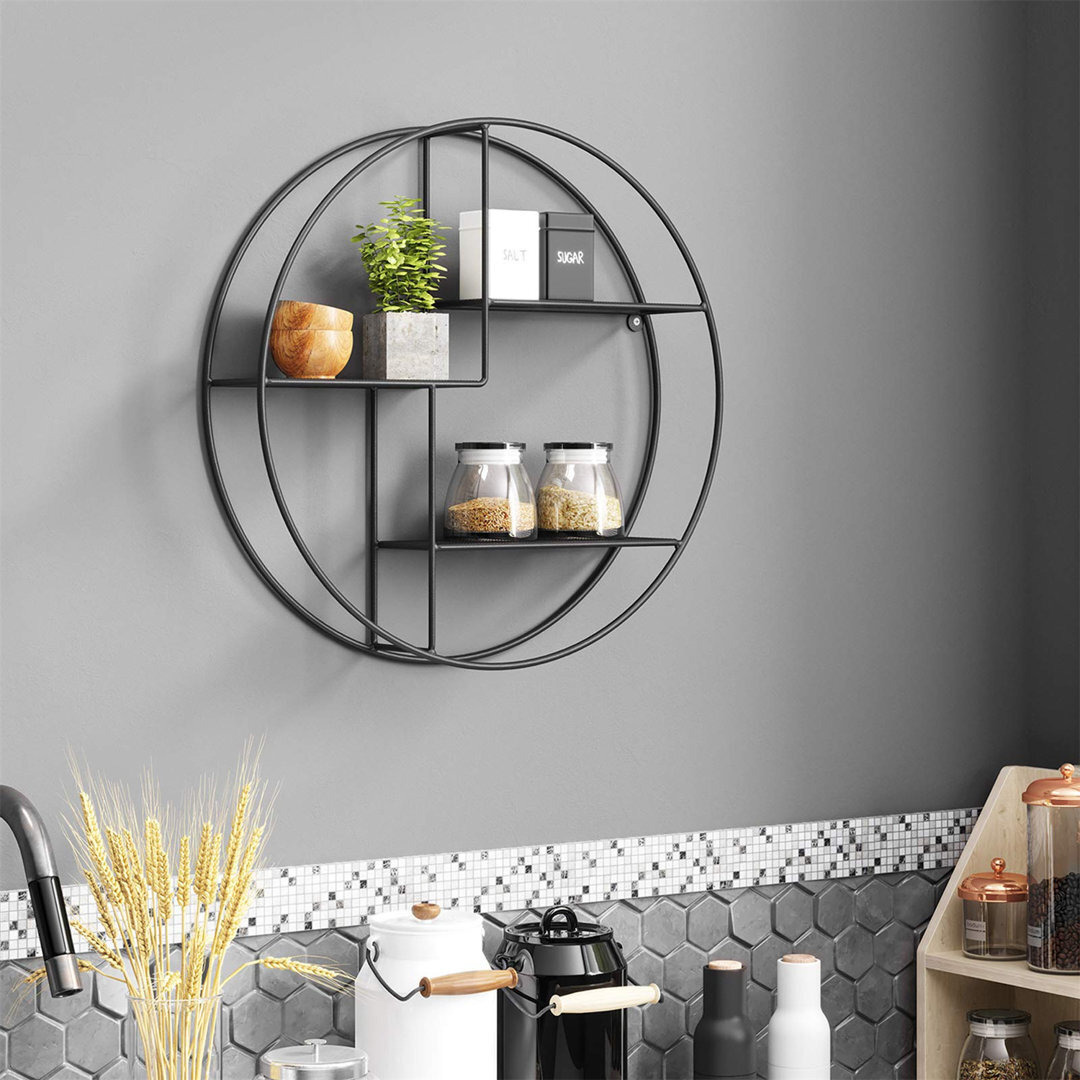 Industrial Metal Wall Shelf, Round Floating Shelf With 3 Metal Mesh ...