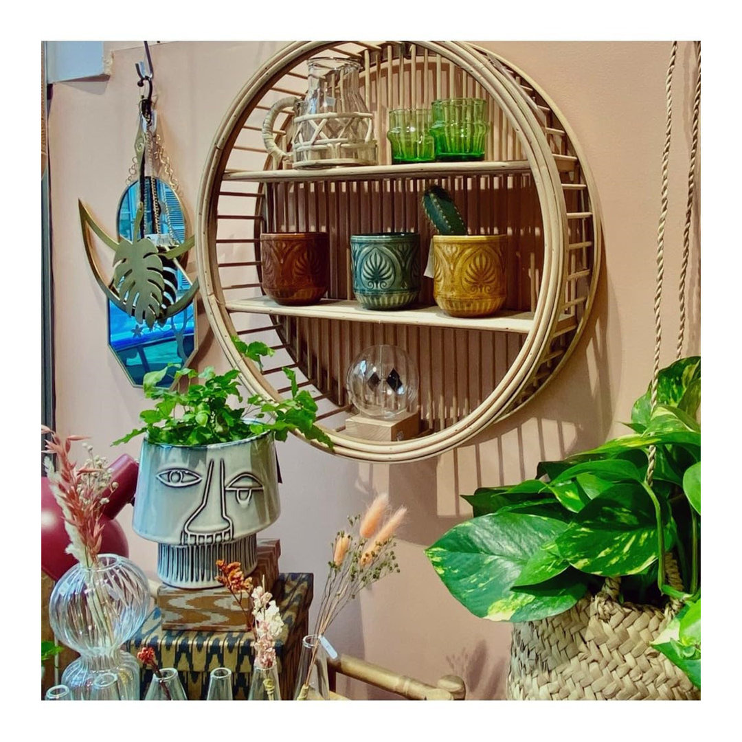 Round Wall Mounted Rattan Floating Shelf Storage Unit - 2 Tier Wooden ...