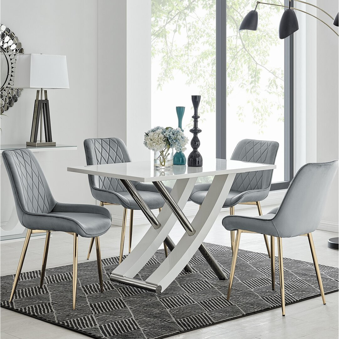 Alicia Modern Glass & Wood Finish Dining Table Set with 4 Luxury Velvet ...