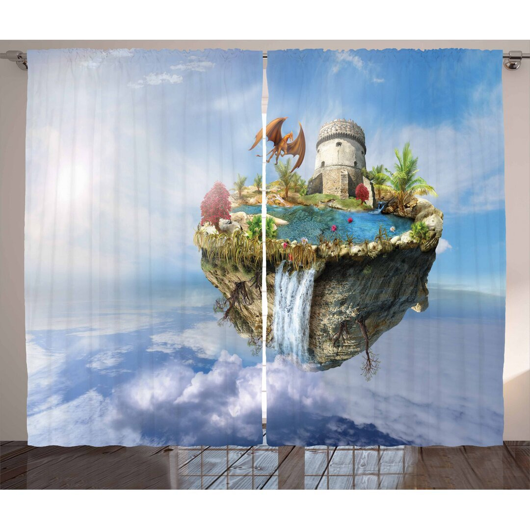 Dragon Castle Tower Waterfall and Flipped Mountain 2 Piece Semi Sheer ...