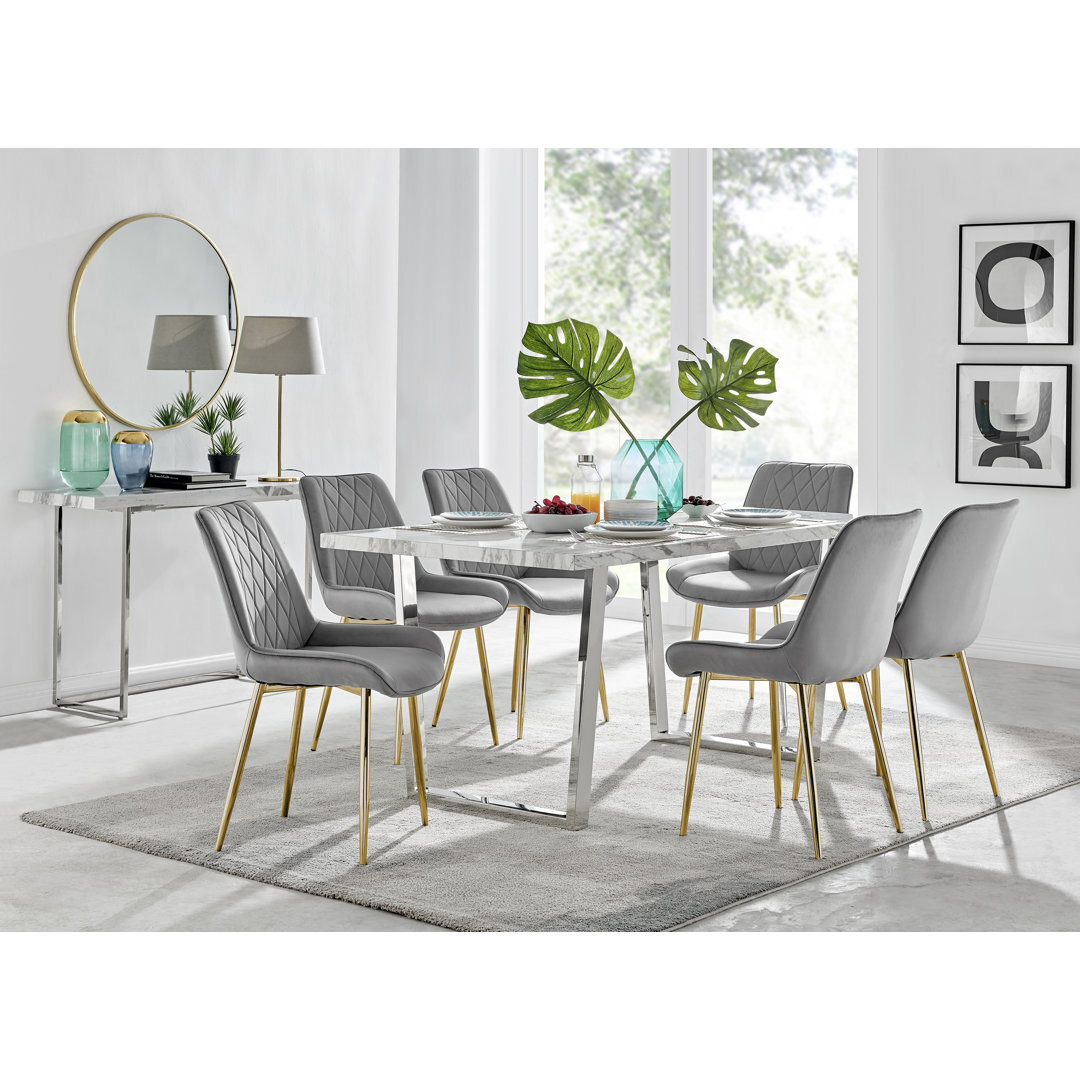 Kylooe Modern Marble Effect And Silver Dining Table Set With 6 Luxury ...