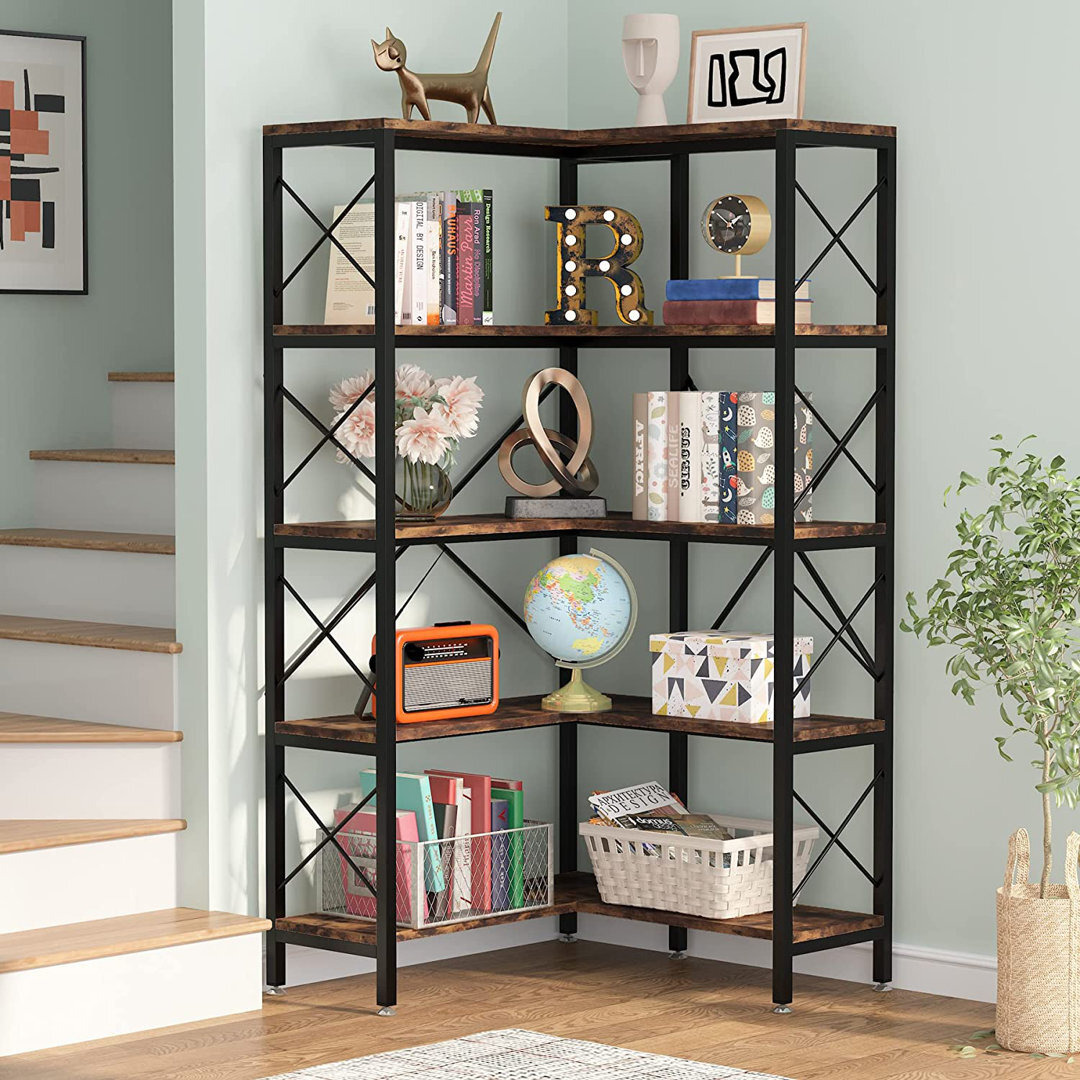 5 Shelf Corner Bookshelf, Industrial Corner Bookcase, 5-Tier Tall ...