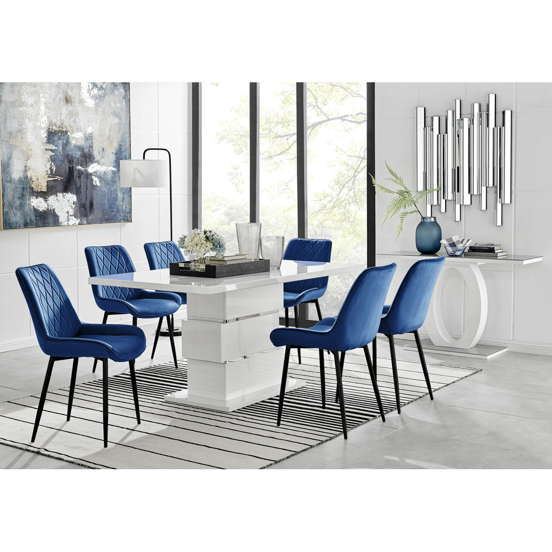 Corova Modern High Gloss Chrome Dining Table Set with 6 Luxury Velvet ...